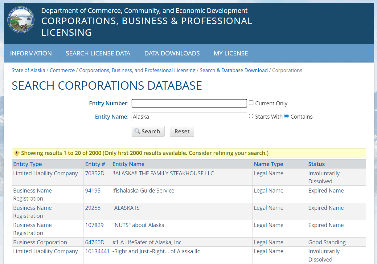 Alaska (AK) Secretary of State (SOS) LLC & Business Search