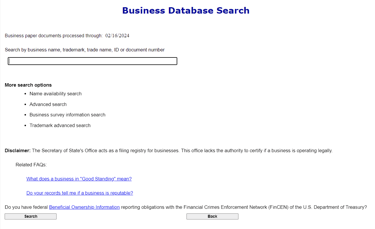 Secretary of State Business Entity Search For All 50 States