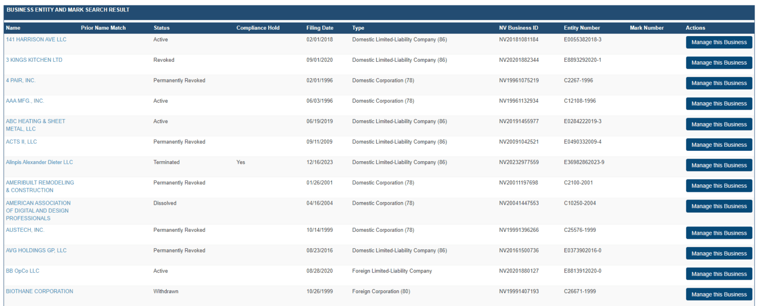 Nevada (NV) Secretary of State (SOS) LLC & Business Search