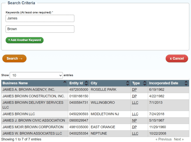 New Jersey (NJ) Secretary of State (SOS) LLC & Business Search